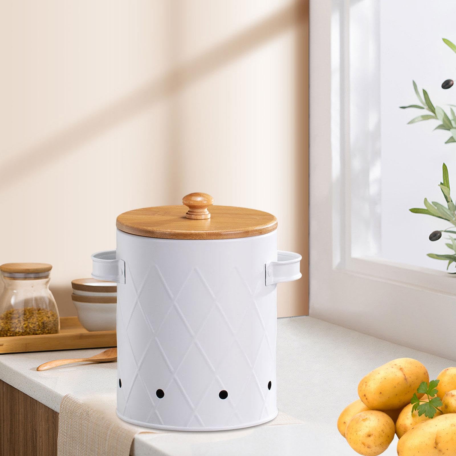 Bothyi Rustic/Farmhouse Potato Storage Canister, White Medium, Food Storage Container, Single, Ventilated & Portable, Rectangular Flip Top, 22.5cm x 22.5cm x 19.5cm