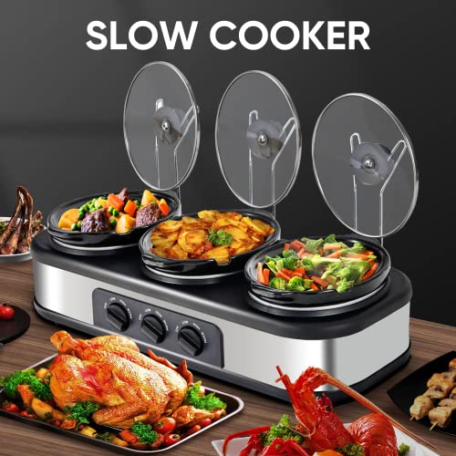 Triple Slow Cooker with Lid Rests, Breakfast Buffet Servers and Warmers with 3 X 1.5Qt, Tempered glass lids & 3 Adjustable Temp, Dishwasher Safe, Stainless Steel