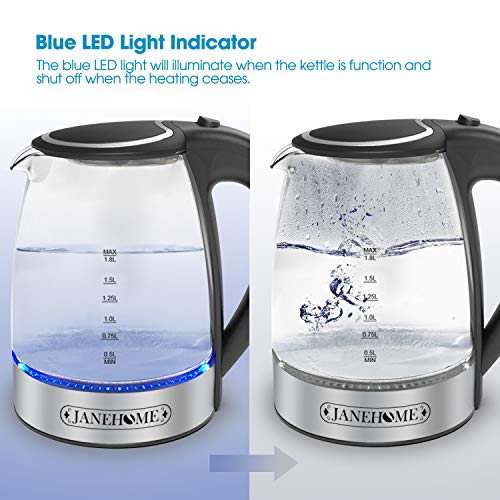 Plaman Electric Kettle,Glass Tea Kettle 1.8L with Blue LED for Boiling Water,BPA-Free Hot Water Glass Kettle with Auto Shut-Off and Boil Dry Protection for Coffee & Tea