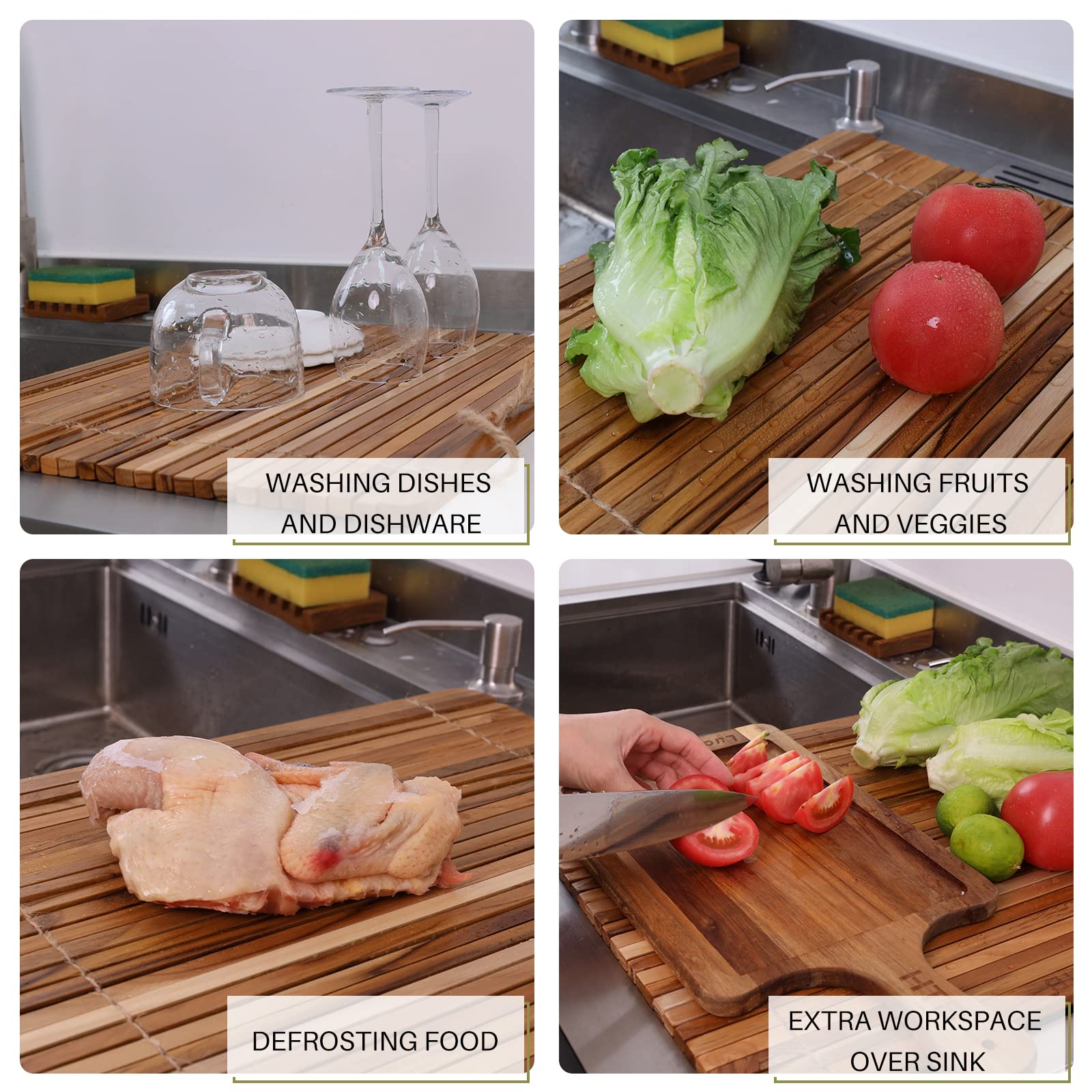 HTB Over Sink Dish Drying Rack 17.8'' x 16.1, Kitchen Teak Wood Roll Up Dish Drying Rack for Dishes,Plates, Bowls, Wooden Sink Cover for Counter Space