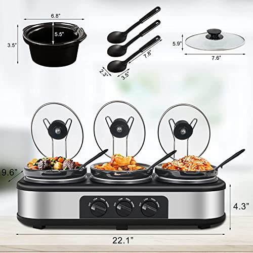 Triple Slow Cooker with Lid Rests, Breakfast Buffet Servers and Warmers with 3 X 1.5Qt, Tempered glass lids & 3 Adjustable Temp, Dishwasher Safe, Stainless Steel