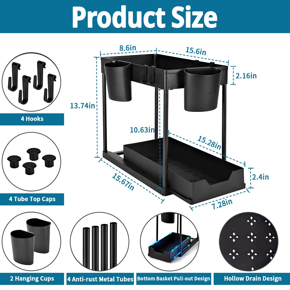 Under Sink Organizers and Storage, Pull Out Undersink Organizers Basket, 2 Tier Bathroom Cabinet Storage with Towel Rack Hooks, Hanging Cup, Multi-purpose Storage Shelf for Kitchen Toilet