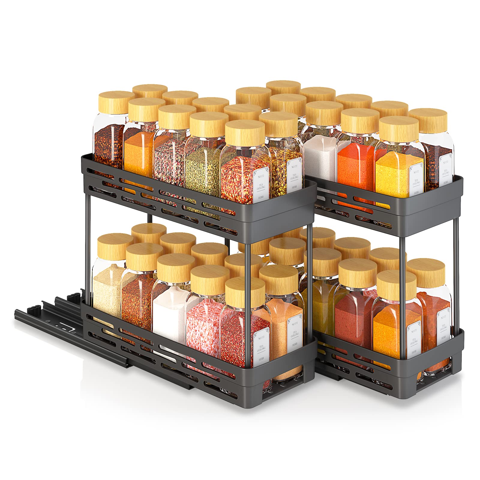 DABIGE 3 Packs Pull Out Spice Rack Organizer for Cabinet, Slide Out Spice Racks Organizer, Easy to Install Spice Cabinet Organizers, 4.33''Wx10.4''Dx8.5''H, Each Tier Hold 10 Spice Jars - 2 Tier