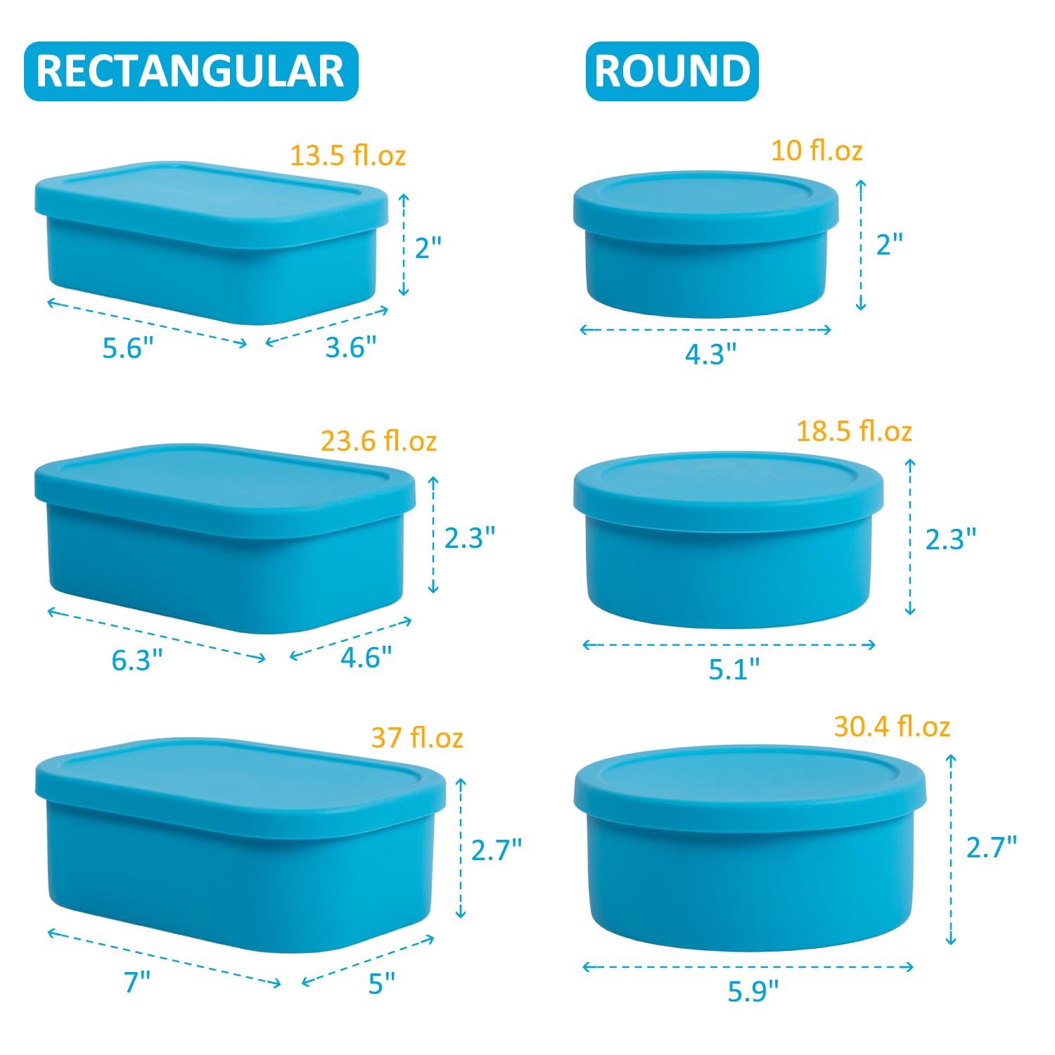 Nesting 100% Silicone Food Storage Containers with Lid & Measuring Line, 6 Pack, Leakproof Stackable Hard-Shell Silicone Containers for Food Lunch Snack, Microwave Oven Freezer Dishwasher Safe, Blue