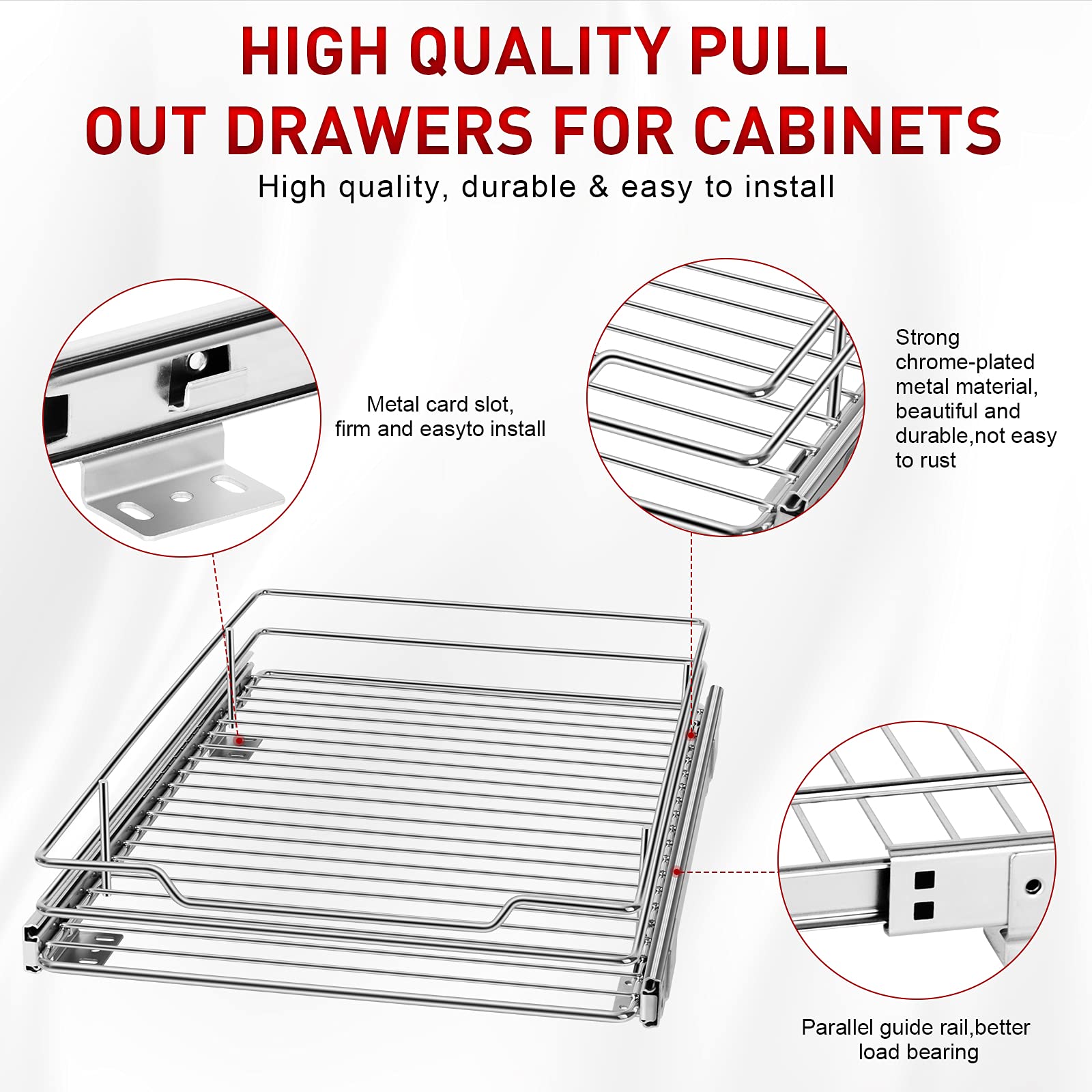 Tksrn Pull Out Cabinet Organizer, Heavy Duty Slide Out Pantry Shelves Sliding Drawer Storage for Kitchen, Bathroom, Home, 12.4" W x 16.5" D, Wire Frame, Chrome Finish