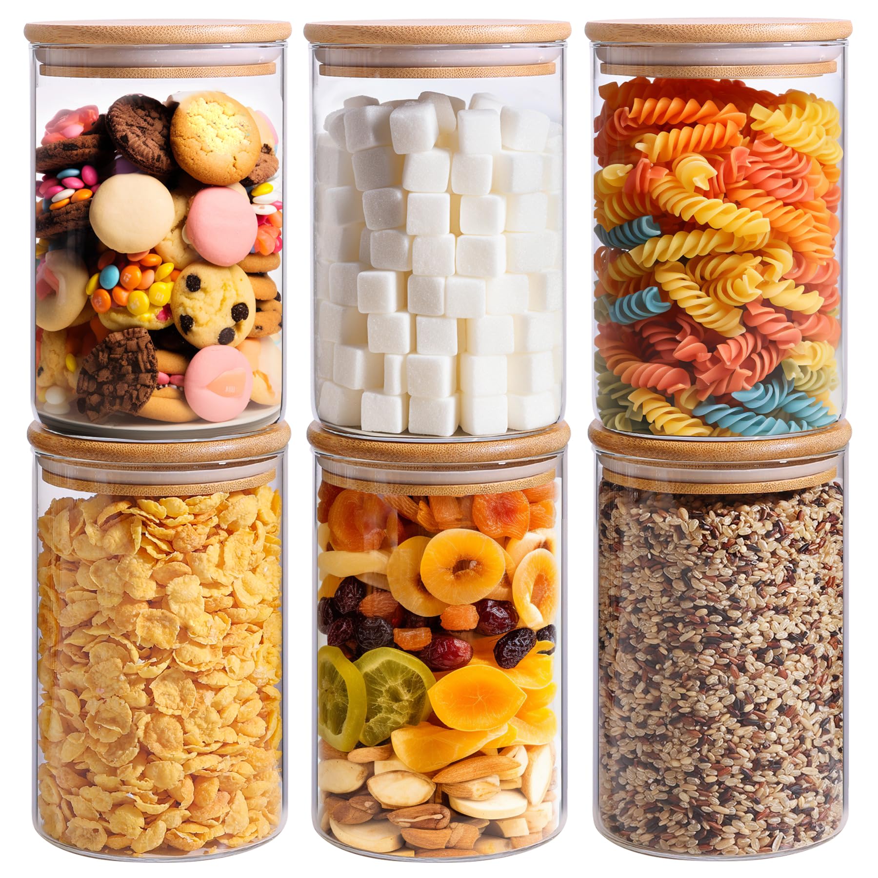 ComSaf 32oz Glass Storage Containers with Lids, Glass Jars with Lids, Clear Food Storage Jar, Round Canister Set of 6, Pantry Organizers for Cookie Pasta Flour Rice Tea Coffee Bean