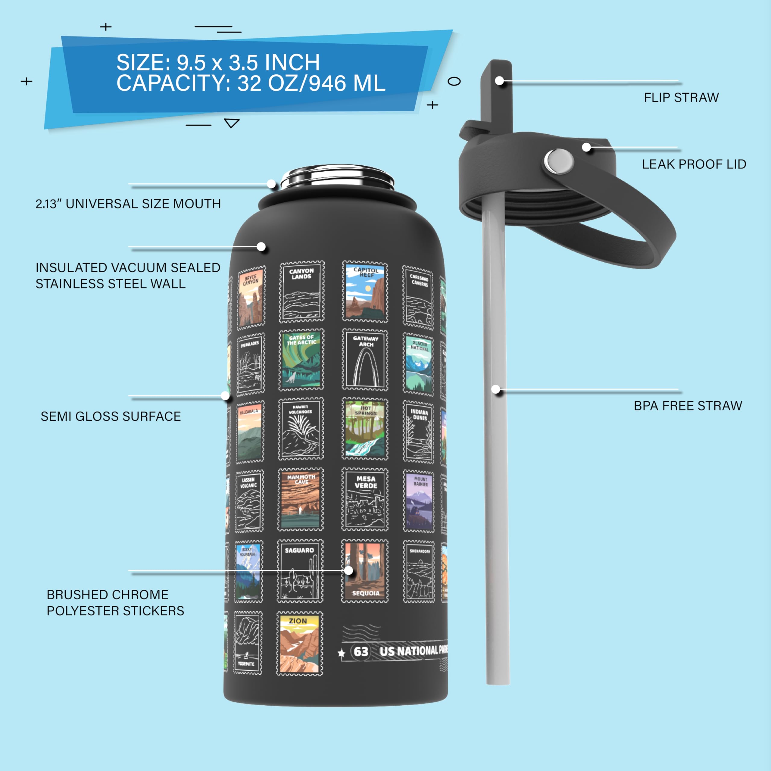 National Parks Water Bottle With Waterproof Stickers Wrap Around- Stainless Steel Insulated Vacuum Sealed 32 oz With Leak Proof Lid (National Park BLACK)