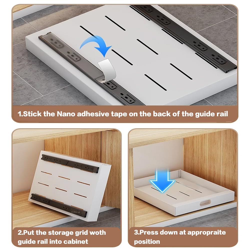 bealy 2 Pack Pull Out Drawers for Cabinets, 10" W Pull Out Cabinet Organizer Adhesive Sturdy Carbon Steel, Pull Out Shelves for Kitchen, Pantry and Bathroom Vanity, 10" W x 16.9" D x 3.1" H