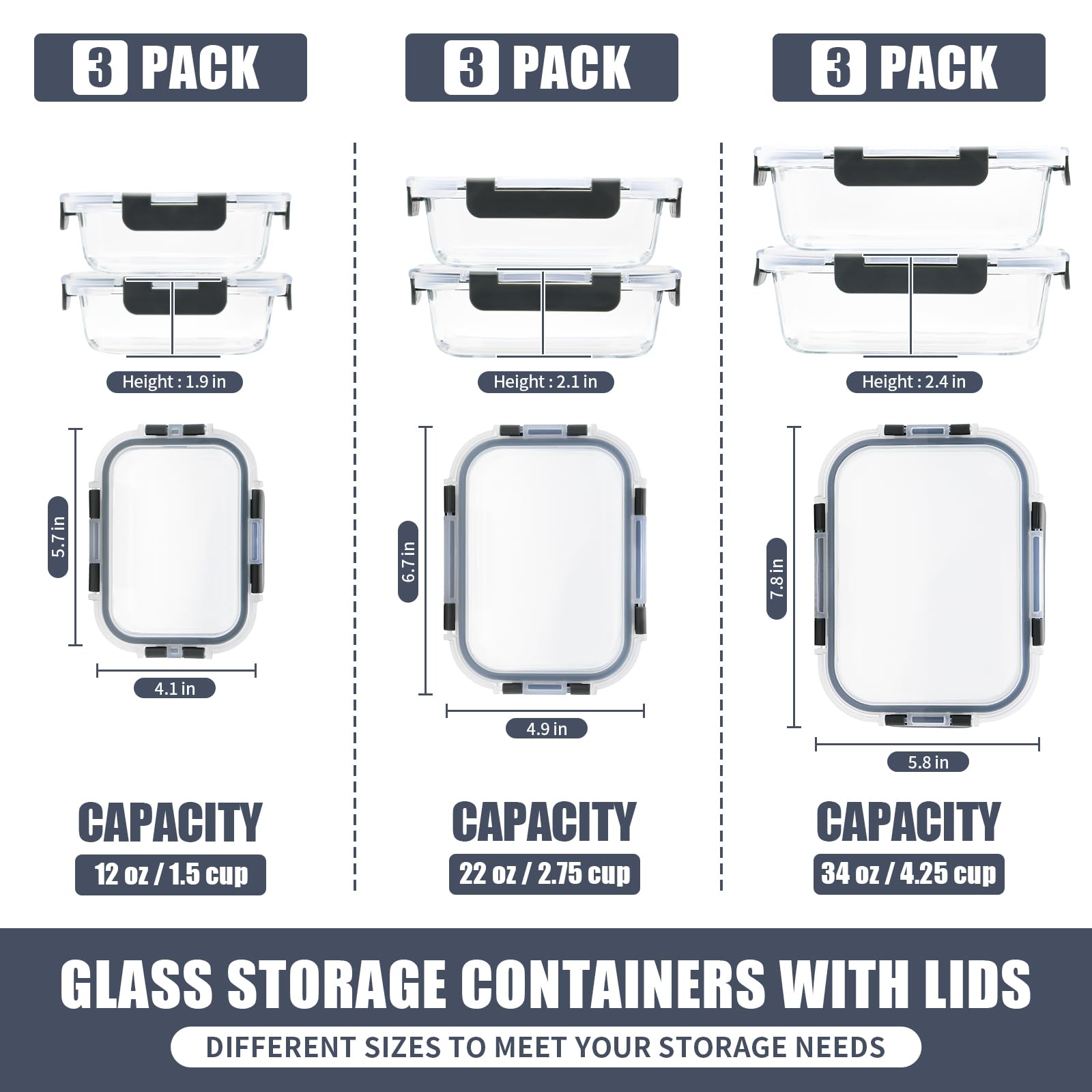 DONQQCC 9 Pack Glass Food Storage Containers with Lids, Glass Container for Lunch, Leftovers, Meal Prep, Airtight, Freezer Safe
