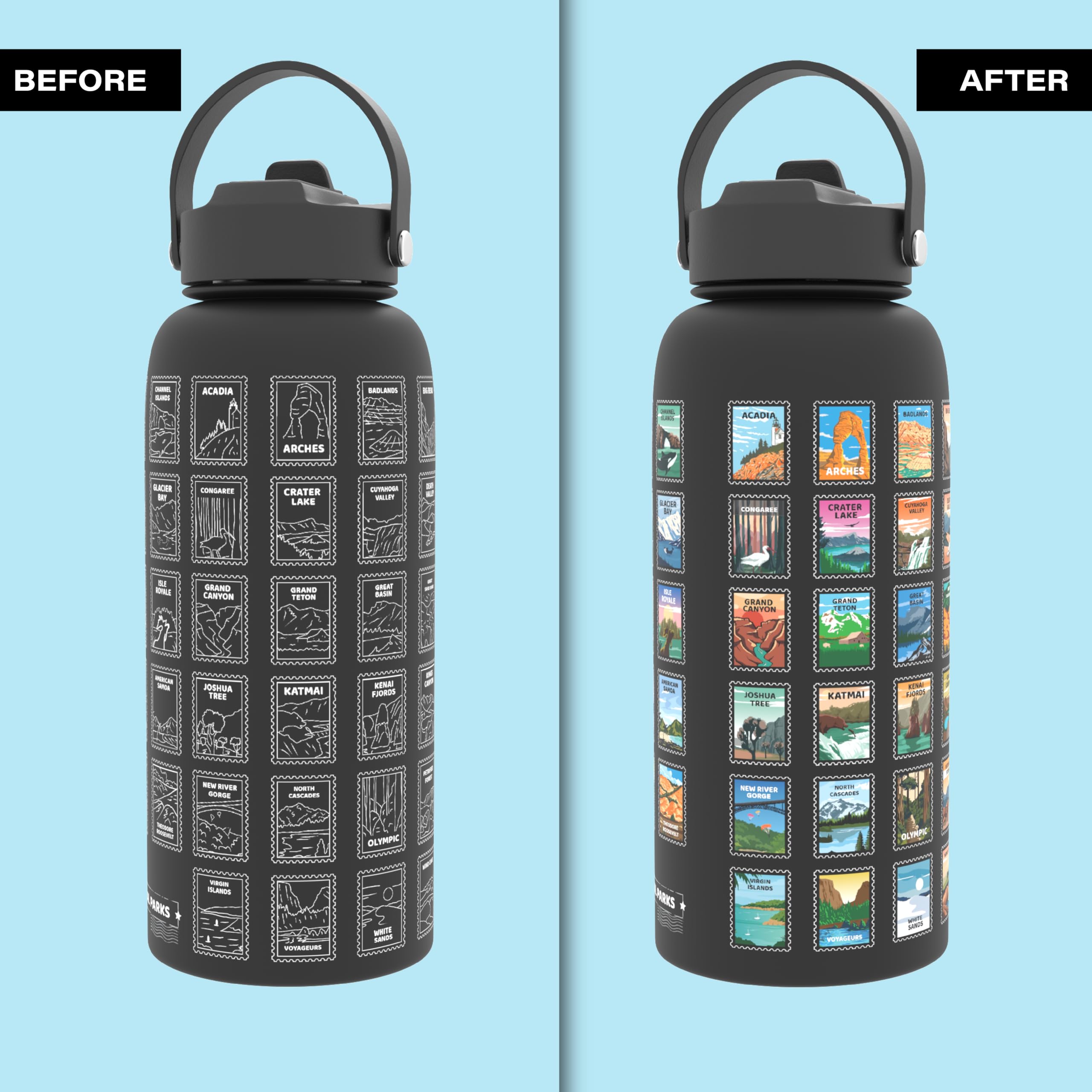 National Parks Water Bottle With Waterproof Stickers Wrap Around- Stainless Steel Insulated Vacuum Sealed 32 oz With Leak Proof Lid (National Park BLACK)