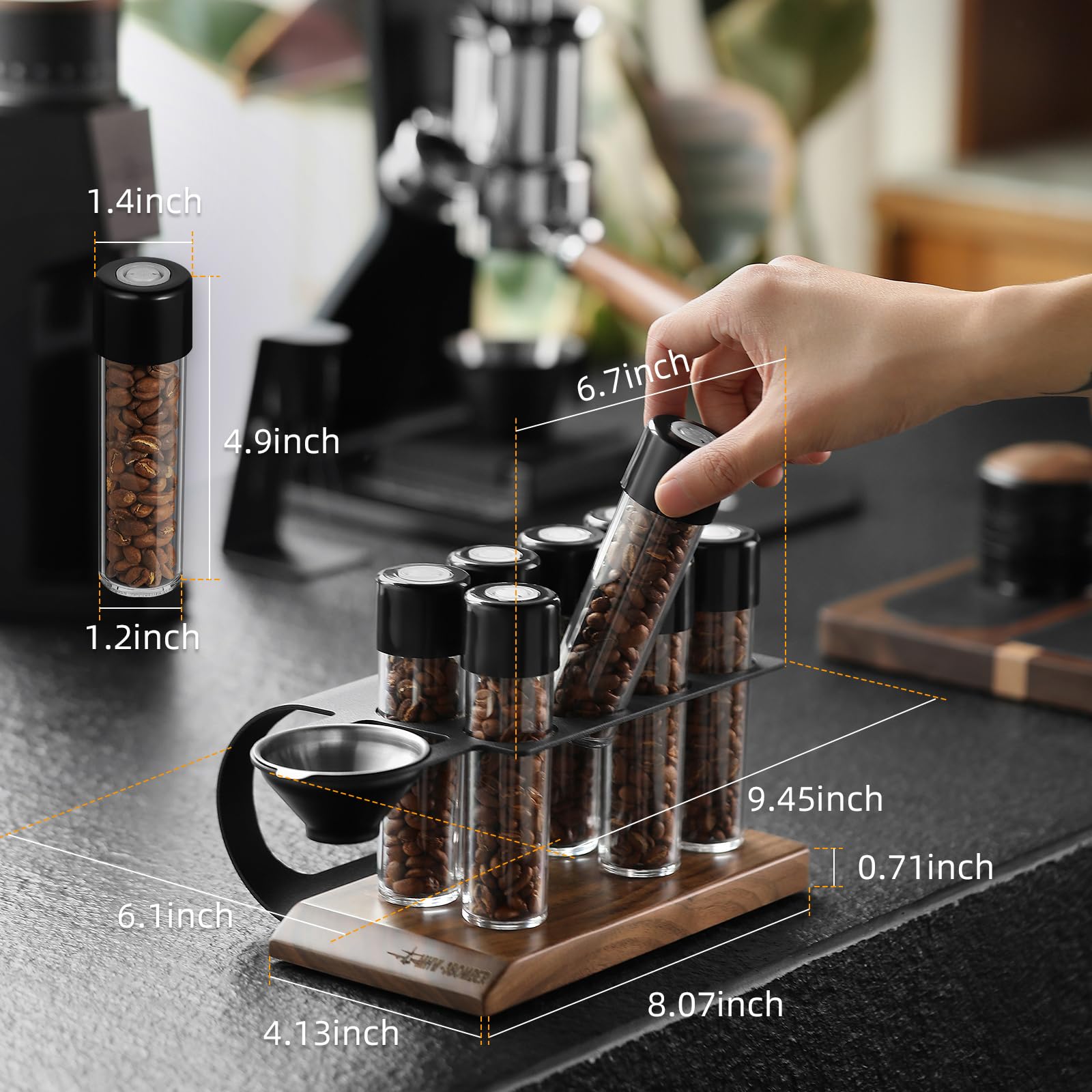 MHW-3BOMBER Coffee Bean Cellars Tubes Single Dose Coffee Bean Storage with Hopper 8 Tubes with Exhaust Valve C5152