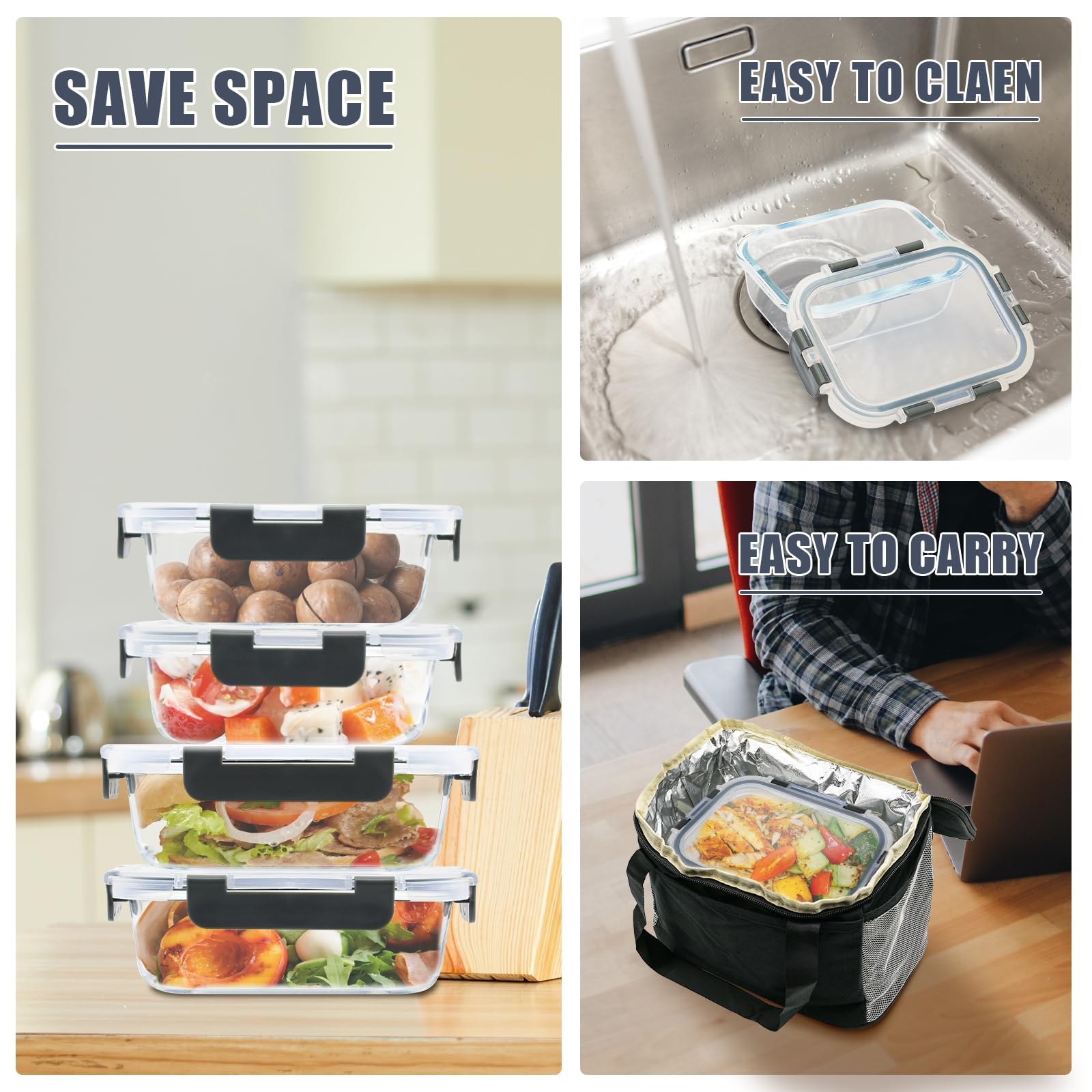 DONQQCC 9 Pack Glass Food Storage Containers with Lids, Glass Container for Lunch, Leftovers, Meal Prep, Airtight, Freezer Safe