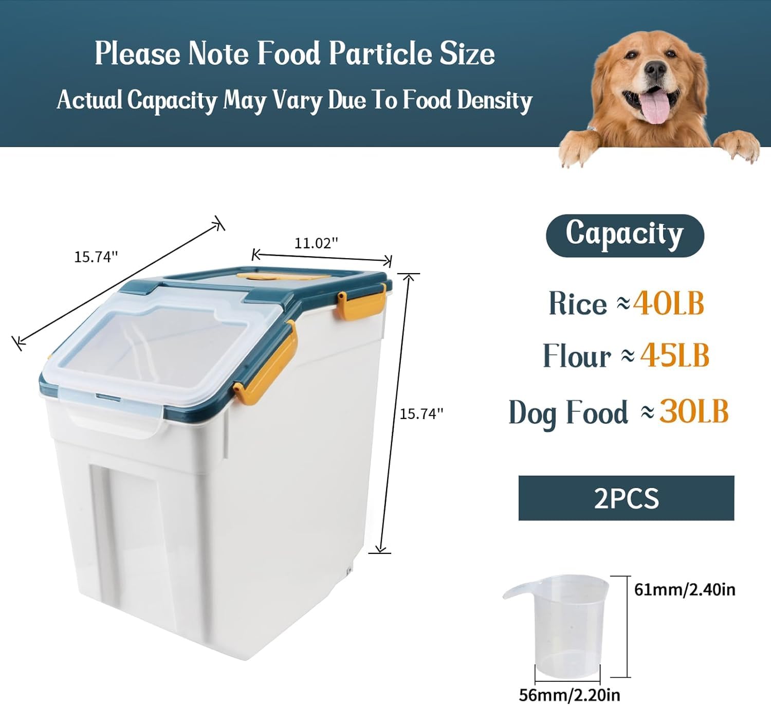 Rice Storage Container 50 lbs, 2 Pack Airtight Flour Storage Containers Bin with Measuring Cup & Scoop, BPA Free Plastic Rice Dispenser for Flour, Rice, Grain Holder Nuts and Dog Food - Dark Blue