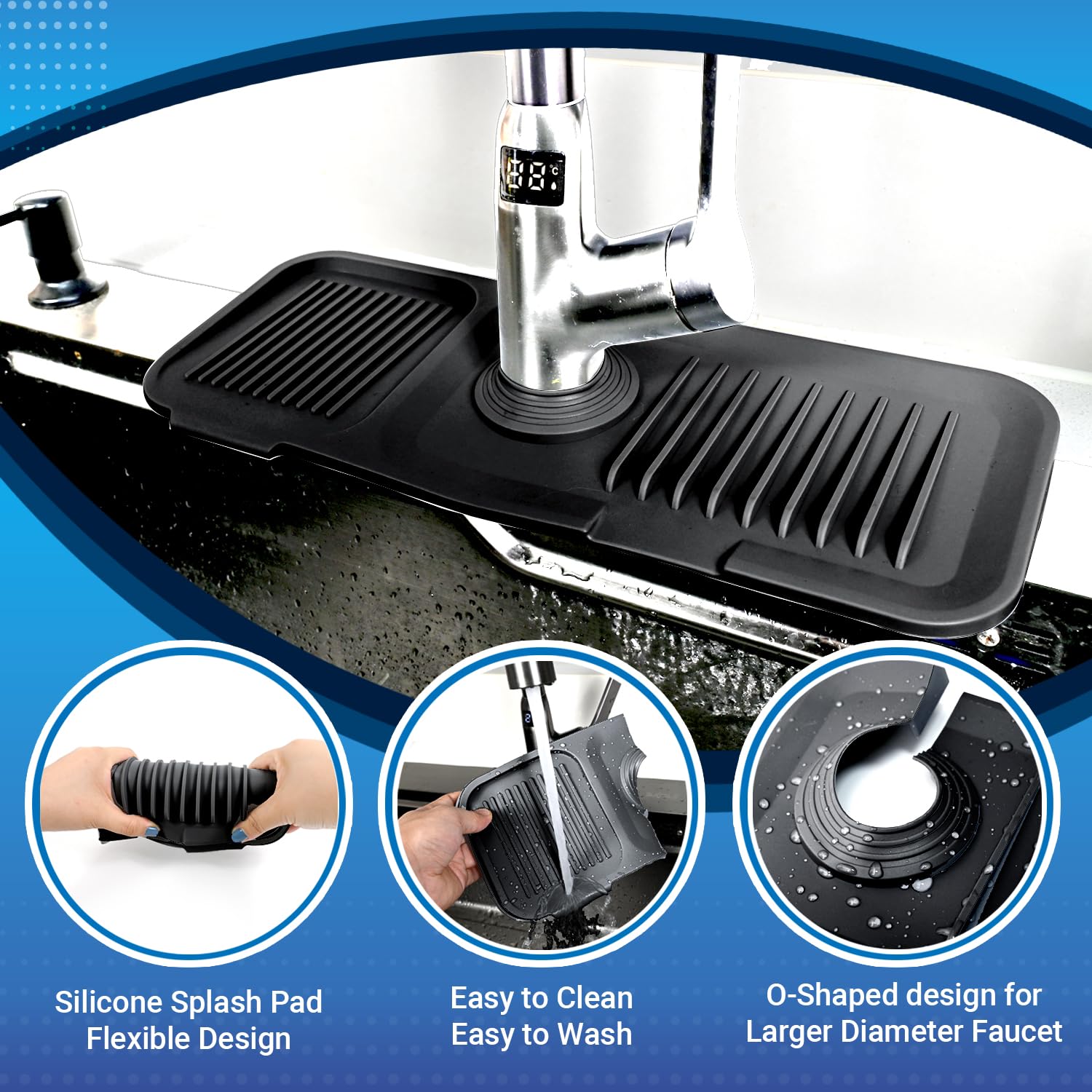 Draining Mat for Kitchen Sink, 14.5 x 5.5 Inches With 5° Slope Silicone Splash Guard, Protects Sinks from Splashing, Dish Soap Dispenser & Sponge Holder Mat Behind Faucet