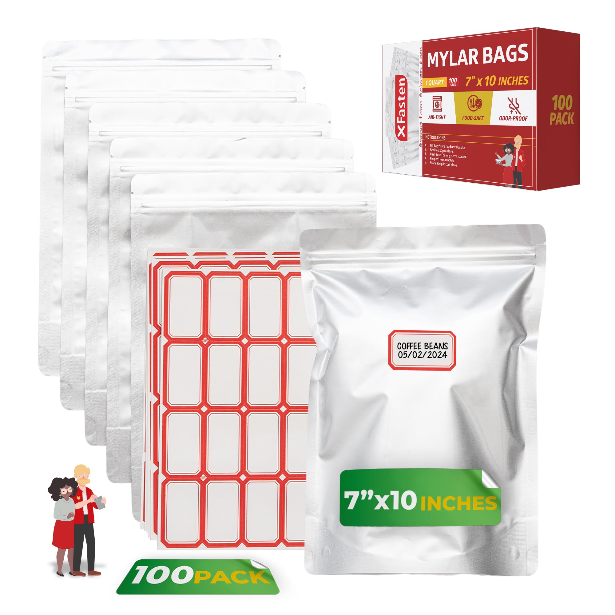 XFasten Resealable Mylar Bags for Food Storage with 112 Labels 1 Quart 7" x 10" (100-Pack) Resealable Bags for Small Business Resealable Mylar Bag for Food Preservation, Sealable Bags for Packaging