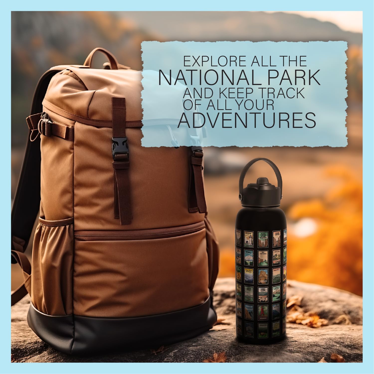 National Parks Water Bottle With Waterproof Stickers Wrap Around- Stainless Steel Insulated Vacuum Sealed 32 oz With Leak Proof Lid (National Park BLACK)