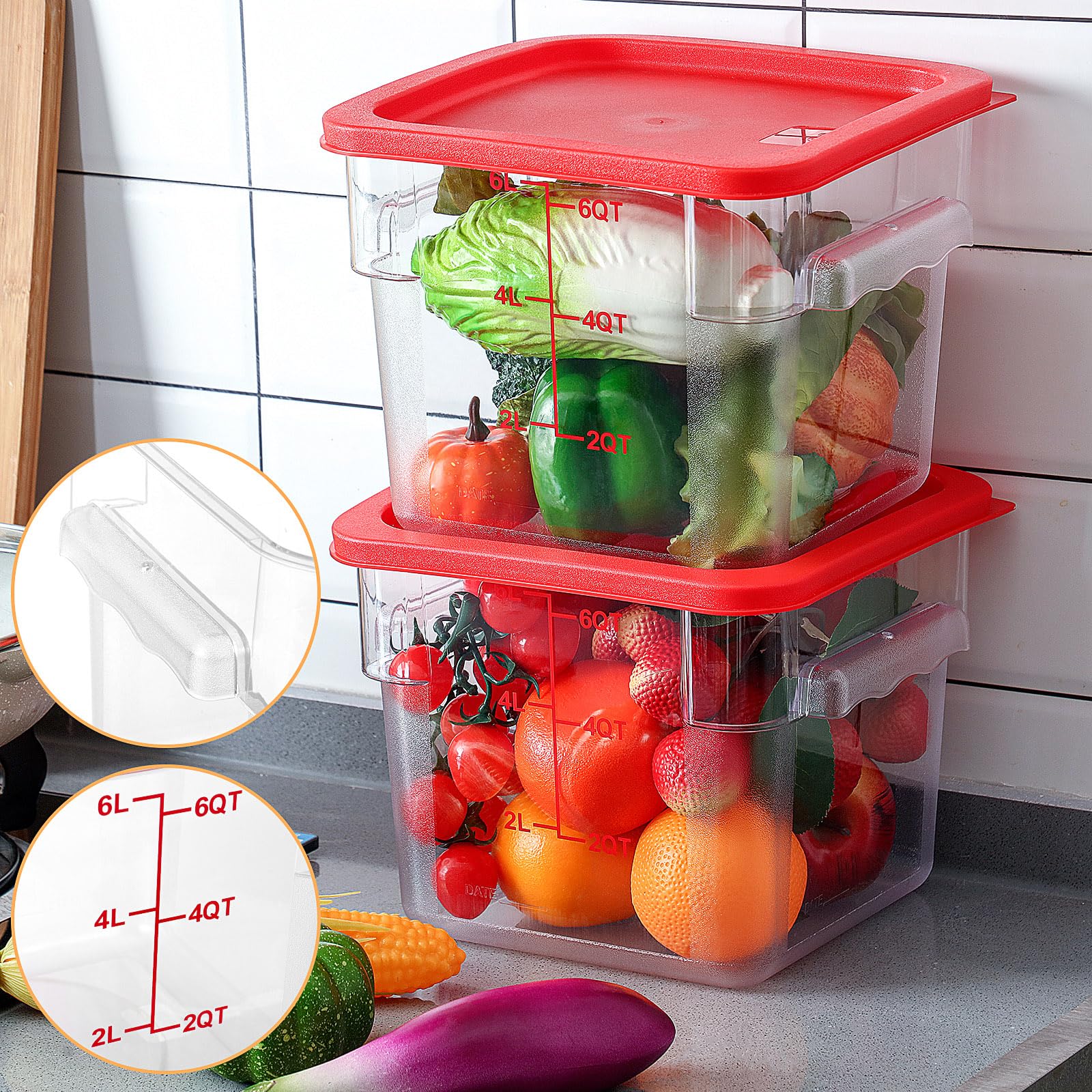 Ziliny 10 Sets 6 Qt Square Food Storage Containers with Lids Commercial Polycarbonate Containers with Scale Clear Airtight Cereal Storage Containers for Pantry Home Restaurant