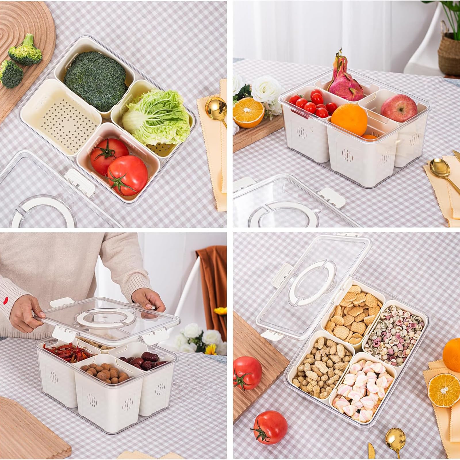 Fridge Storage Containers for Fruits and Vegetables Reusable 4 Removable Basket Fridge Organizers and Storage with Handle Produce Saver Fresh Keeper Bin Basket with Lids & Removable Drain Tray