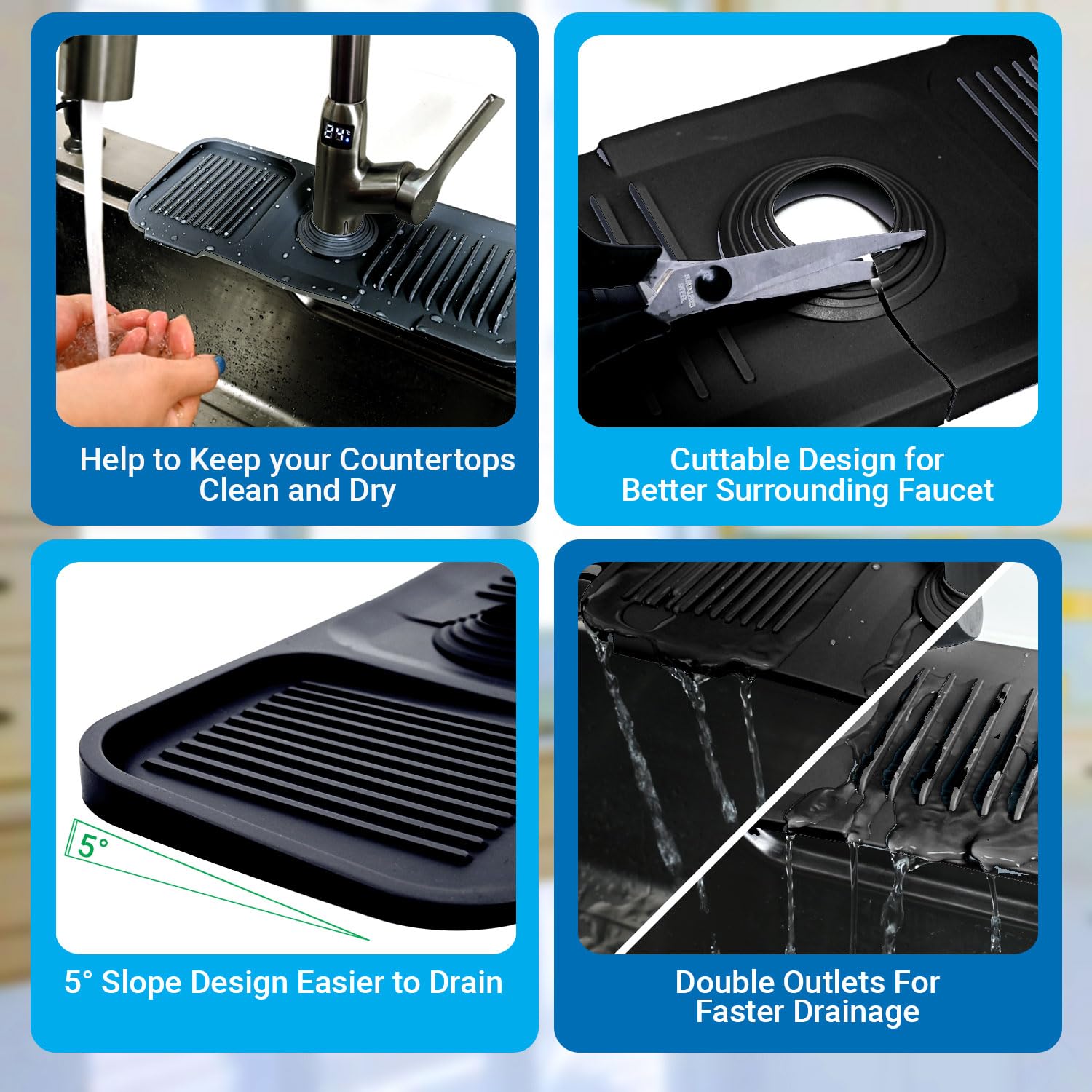 Draining Mat for Kitchen Sink, 14.5 x 5.5 Inches With 5° Slope Silicone Splash Guard, Protects Sinks from Splashing, Dish Soap Dispenser & Sponge Holder Mat Behind Faucet