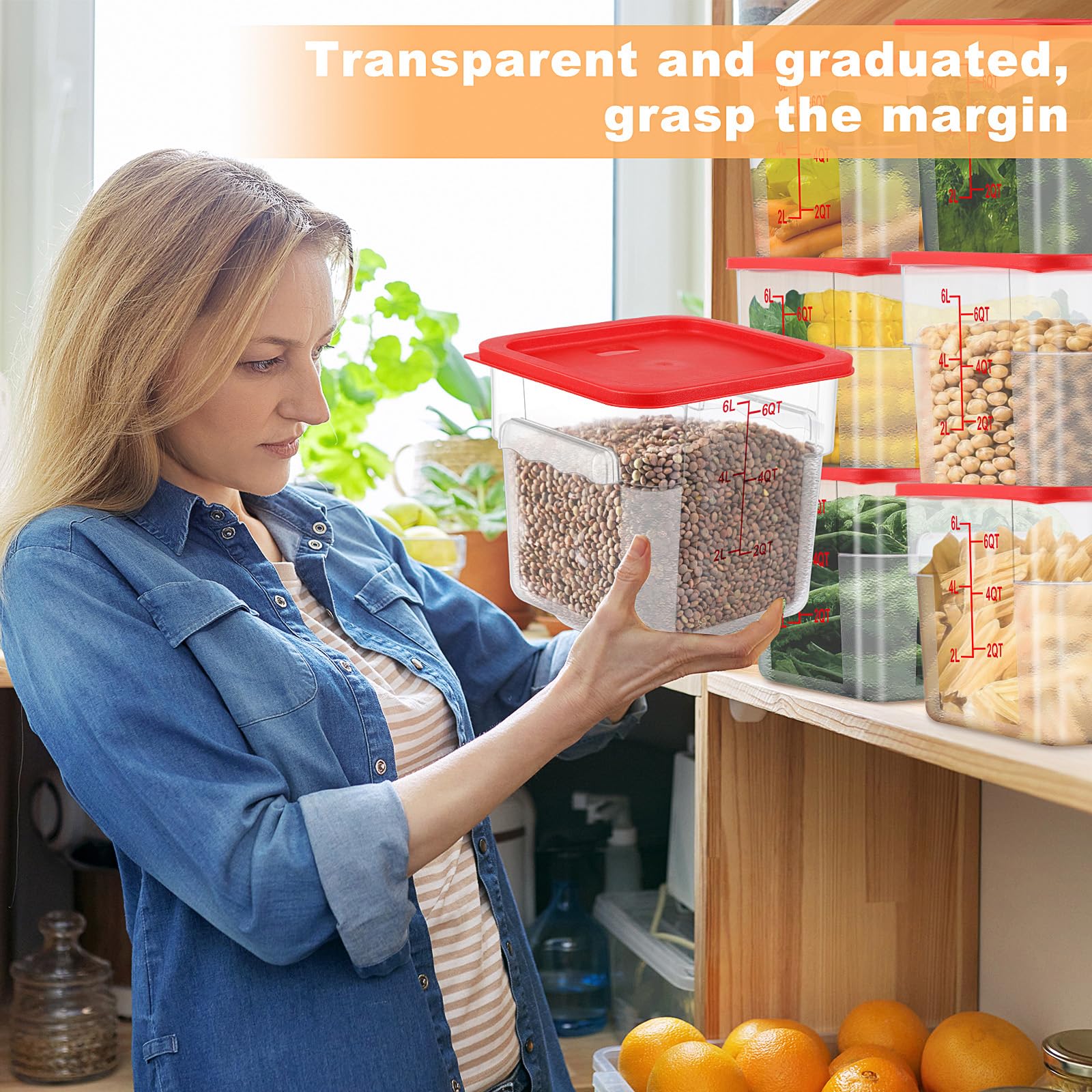 Ziliny 10 Sets 6 Qt Square Food Storage Containers with Lids Commercial Polycarbonate Containers with Scale Clear Airtight Cereal Storage Containers for Pantry Home Restaurant