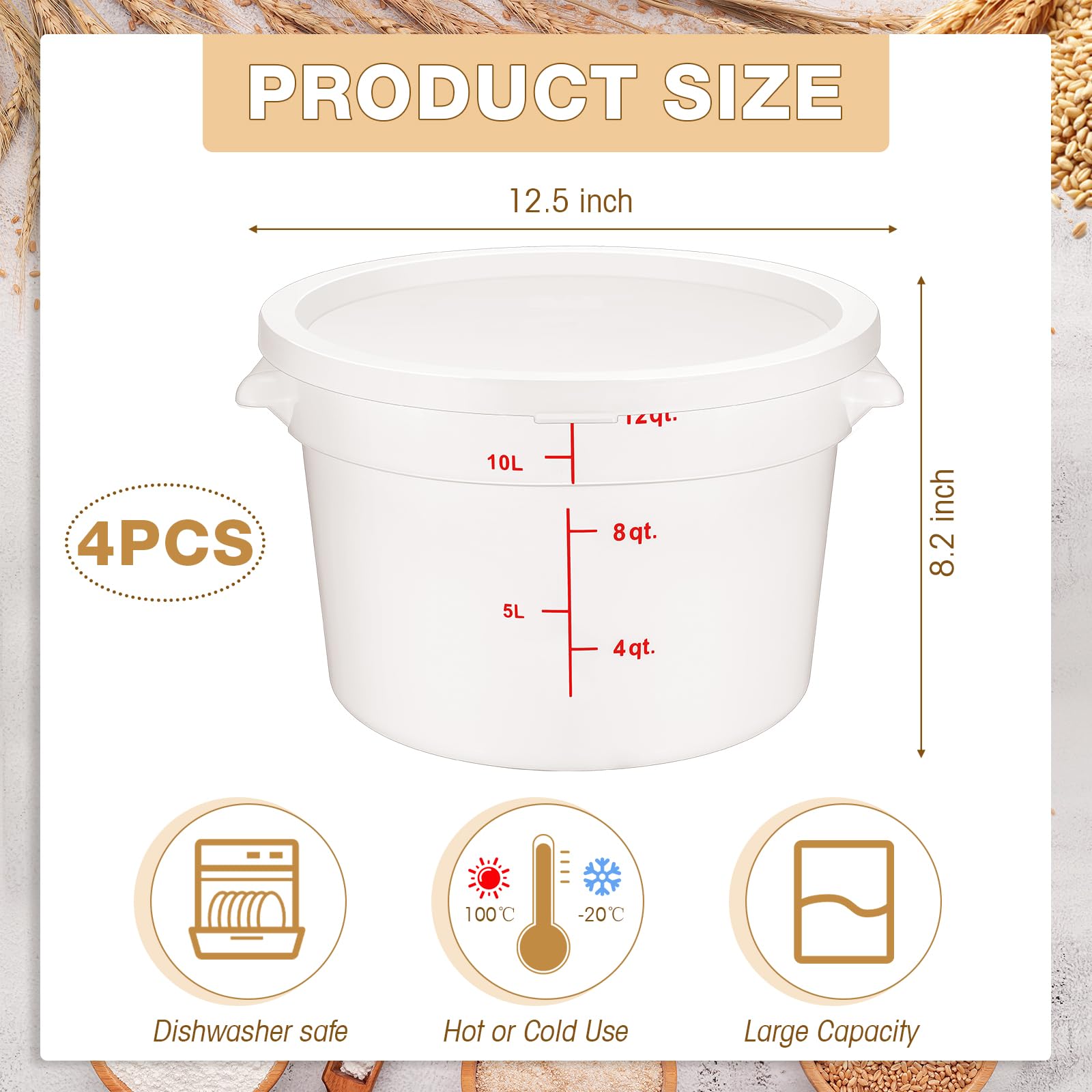 Hushee 4 Pcs Commercial Food Storage Containers Round PP Food Storage Containers with Lids for Pantry Translucent Plastic Tubs with Lids for Storage Food Safe Bucket with Scales and Handles (10 Quart)