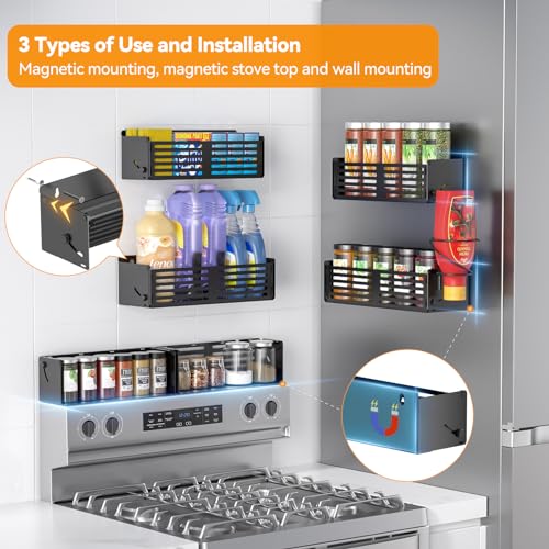 CLESOO Magnetic Spice Rack for Refrigerator, 2 Pack Moveable Magnet Organizer for Spice Jars and Seasonings, Wall Mounted Fridge Shelves with Spiral Holder and 4 Hooks for Kitchen and Stove
