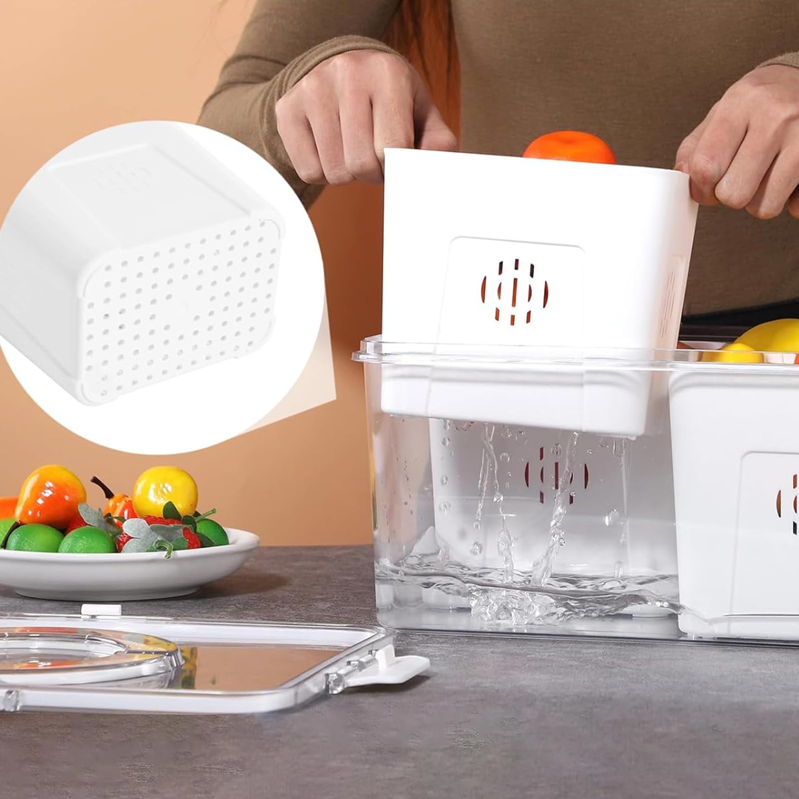 Fridge Storage Containers for Fruits and Vegetables Reusable 4 Removable Basket Fridge Organizers and Storage with Handle Produce Saver Fresh Keeper Bin Basket with Lids & Removable Drain Tray