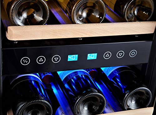 Phiestina Dual Zone Wine Cooler Refrigerator, 33 Bottle Free Standing Compressor Fridge and Chiller for Red and White Wines, 16'' Glass Door Wine Refrigerator with Digital Memory Temperature Control