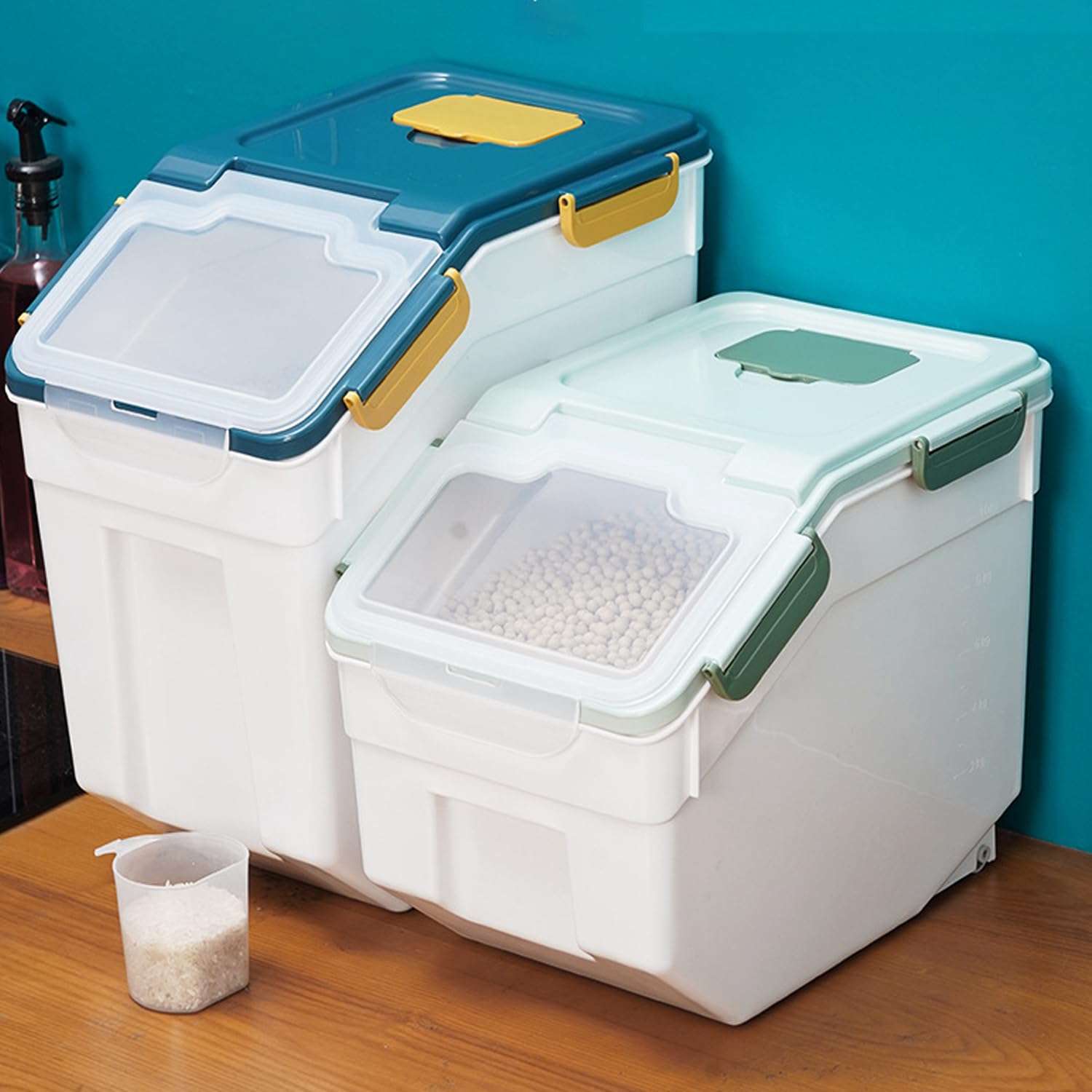 Rice Storage Container 50 lbs, 2 Pack Airtight Flour Storage Containers Bin with Measuring Cup & Scoop, BPA Free Plastic Rice Dispenser for Flour, Rice, Grain Holder Nuts and Dog Food - Dark Blue