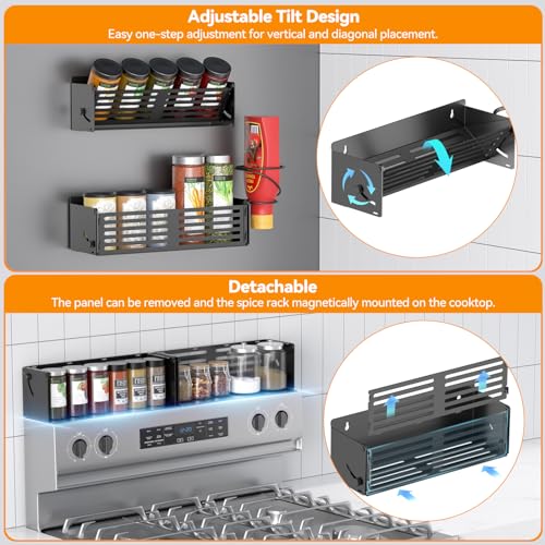 CLESOO Magnetic Spice Rack for Refrigerator, 2 Pack Moveable Magnet Organizer for Spice Jars and Seasonings, Wall Mounted Fridge Shelves with Spiral Holder and 4 Hooks for Kitchen and Stove