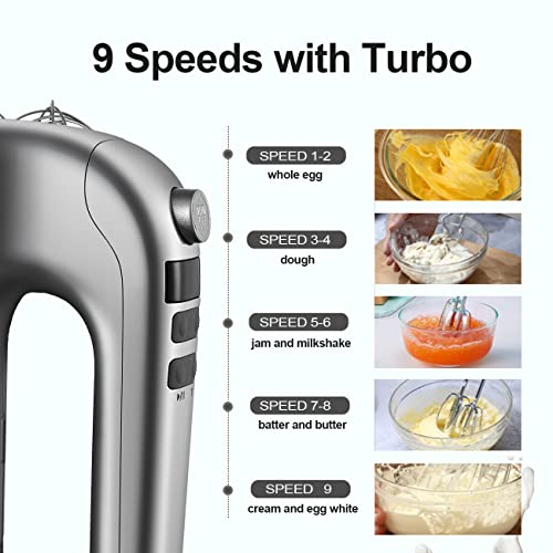 Electric Hand Mixer, Upgraded 9-Speed 400W Kitchen Handheld Mixer with Digital Screen, Hand Mixer with 6 Stainless Steel Accessories, Slow Start Electric Mixer with Turbo for Whipping Mixing Cookies, Brownies, Cakes, Dough Batters