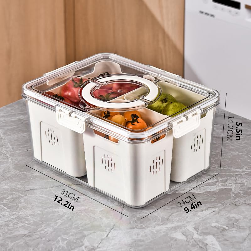 Fridge Storage Containers for Fruits and Vegetables Reusable 4 Removable Basket Fridge Organizers and Storage with Handle Produce Saver Fresh Keeper Bin Basket with Lids & Removable Drain Tray