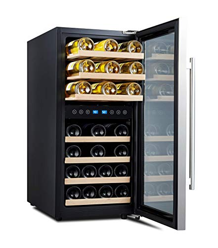 Phiestina Dual Zone Wine Cooler Refrigerator, 33 Bottle Free Standing Compressor Fridge and Chiller for Red and White Wines, 16'' Glass Door Wine Refrigerator with Digital Memory Temperature Control