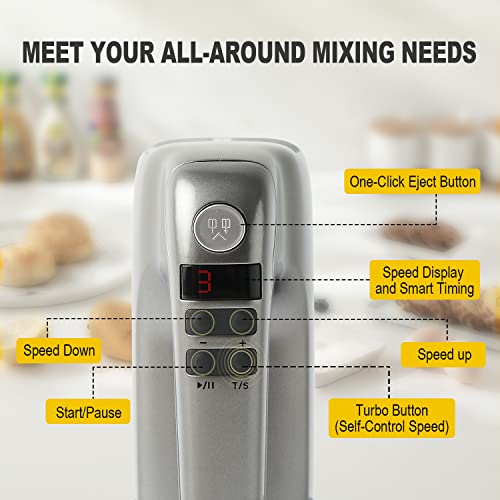 Electric Hand Mixer, Upgraded 9-Speed 400W Kitchen Handheld Mixer with Digital Screen, Hand Mixer with 6 Stainless Steel Accessories, Slow Start Electric Mixer with Turbo for Whipping Mixing Cookies, Brownies, Cakes, Dough Batters