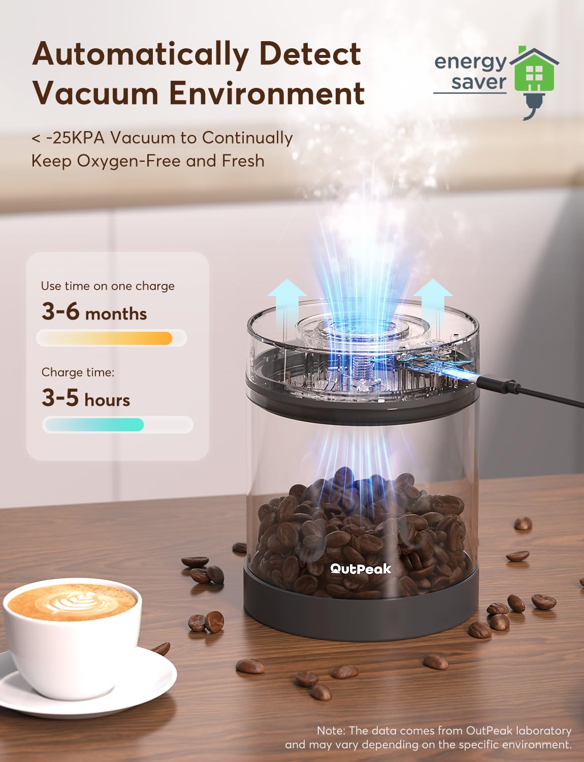 OUTPEAK Neo 2025 Kilo Auto Vacuum Coffee Canister, 1.5L Capacity for 17.6oz of Coffee Beans, One-Button Operation, Stainless Steel Coffee Storage Container for Barista, Gifting (Large, Matte Black)