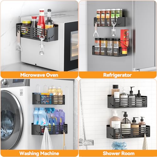 CLESOO Magnetic Spice Rack for Refrigerator, 2 Pack Moveable Magnet Organizer for Spice Jars and Seasonings, Wall Mounted Fridge Shelves with Spiral Holder and 4 Hooks for Kitchen and Stove