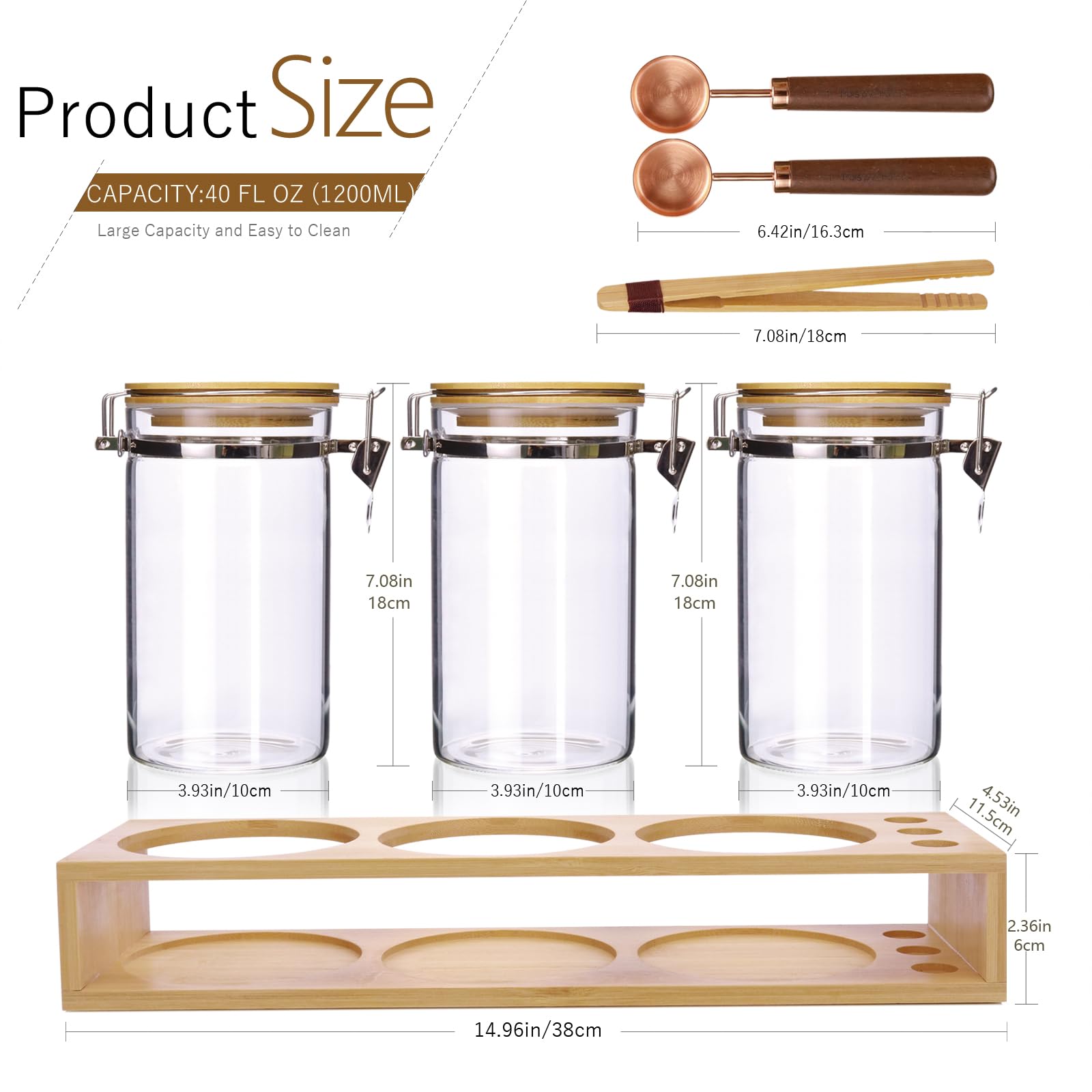 Matifaner Glass Coffee Storage Containers with Bamboo Shelf,Ground Coffee Holder Jars,Airtight Glass Countertop Storage Jar Canisters with Spoon for Coffee,Loose Tea,40 Fluid-oz,Pack of 3
