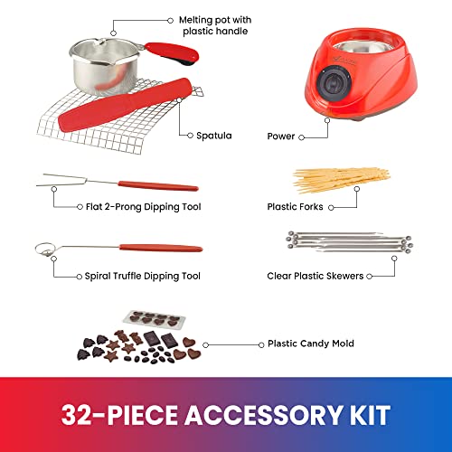 Total Chef Chocolatiere Electric Melter for Chocolate and Candy Melts, 8.8 oz (250 g), Fondue Pot, DIY Candy Maker with 32-Piece Accessory Kit for Dessert, Special Occasion, Romantic Dinner, Red