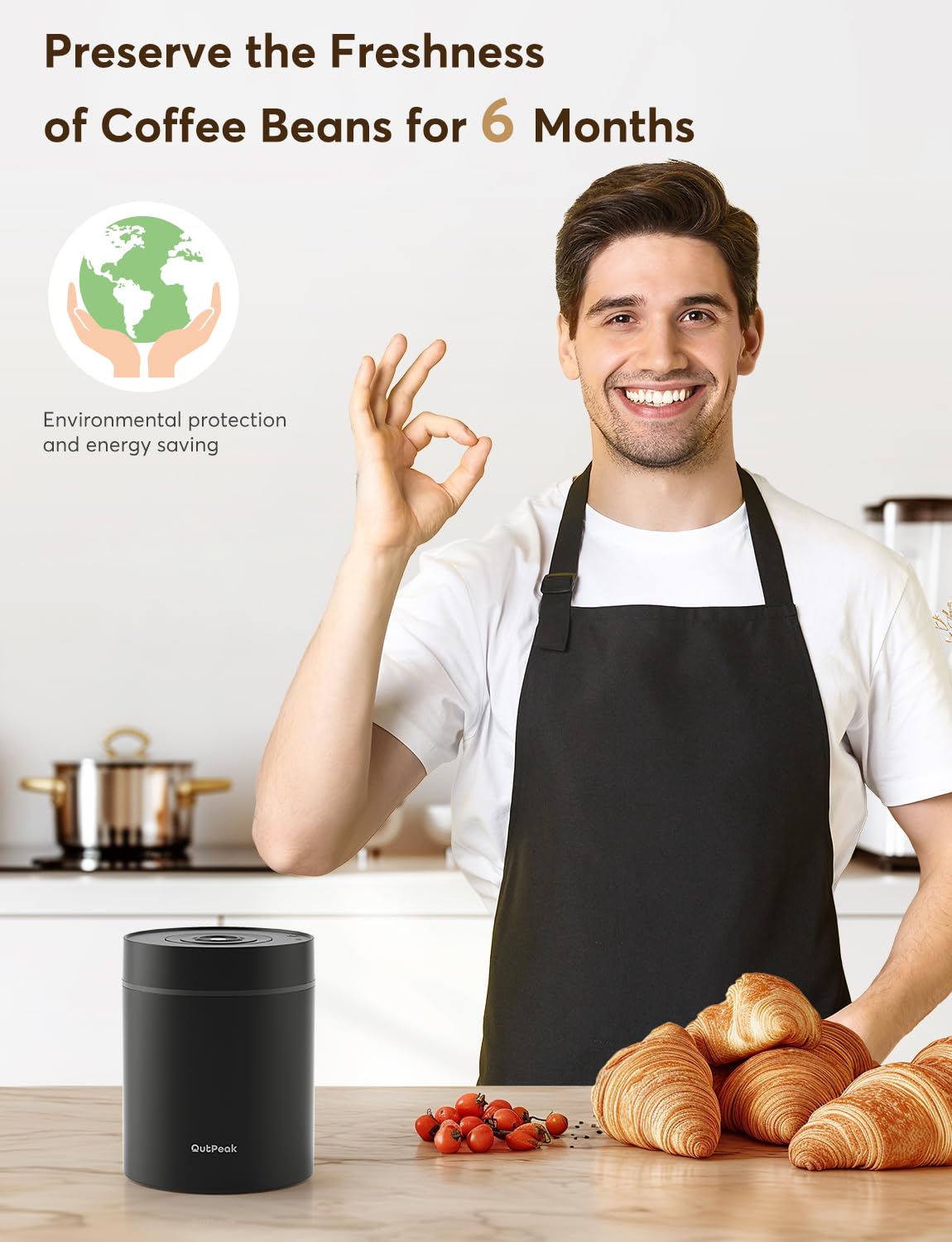 OUTPEAK Neo 2025 Kilo Auto Vacuum Coffee Canister, 1.5L Capacity for 17.6oz of Coffee Beans, One-Button Operation, Stainless Steel Coffee Storage Container for Barista, Gifting (Large, Matte Black)