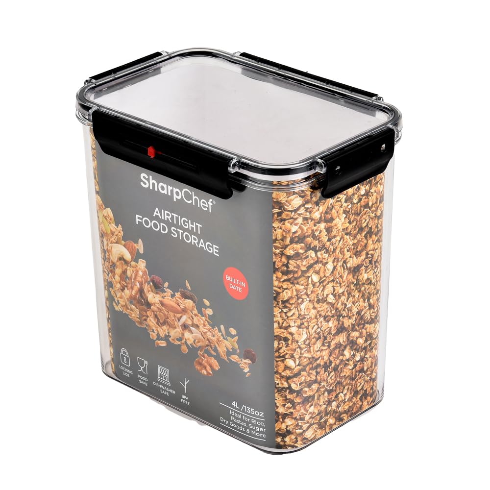 SharpChef Airtight Food Storage Container with Easy locking lids, Date Indicator, Leakproof, Kitchen Pantry Organization and Storage, Cereal, Flour & Sugar, Rice, Cookies, Candy, Pasta,BPA-Free (4L)