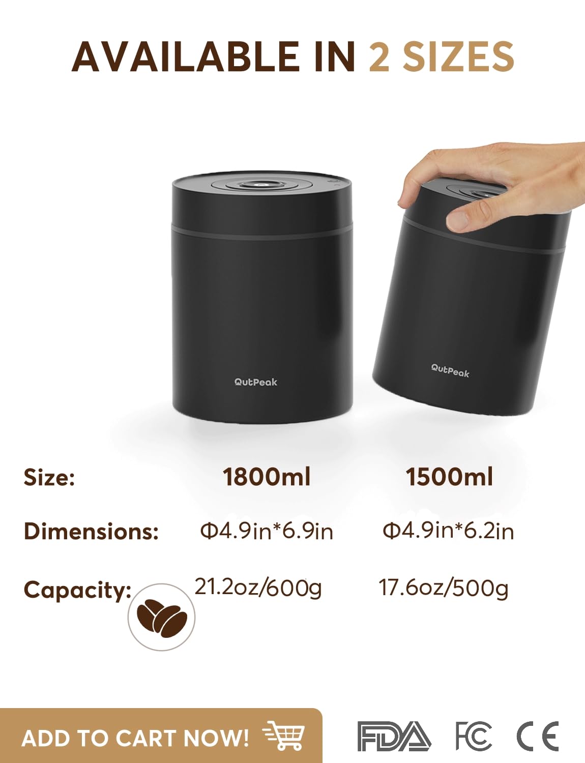 OUTPEAK Neo 2025 Kilo Auto Vacuum Coffee Canister, 1.5L Capacity for 17.6oz of Coffee Beans, One-Button Operation, Stainless Steel Coffee Storage Container for Barista, Gifting (Large, Matte Black)