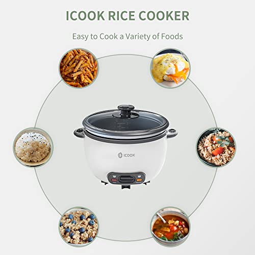 ICOOK 10-Cup Uncooked 20-Cup Cooked Rice Cooker1.8L Grains,Oatmeal,Cereals Cooker,Rice Warmer Steamer,Large Rice Cooker Removable Nonstick Pot,Full View Glass Lid,White