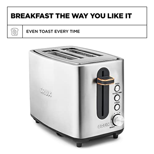 Crux 2 Slice Stainless Steel Toaster, Extra Wide Slots, Quick & Precise 6-Setting Shade Control, Reheat, Bagel and Gluten Free Function, Slide-Out Crumb Tray for Easy Clean Up, Silver/Copper Accents