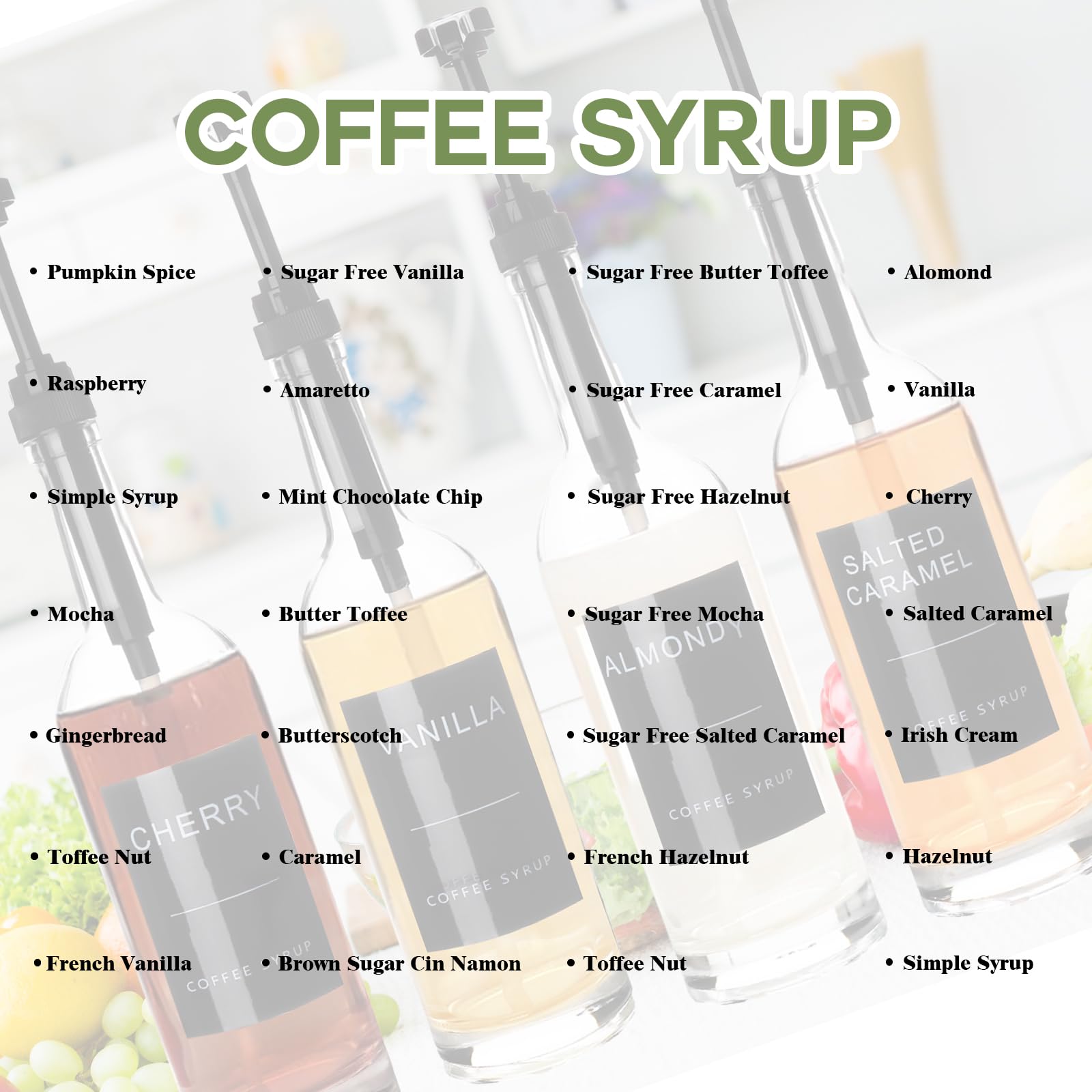 MSTCMZP 25.4 oz 750 ml Coffee Syrup Dispenser Set - 4 Black Dispensers With Pump & Labels - Glass Bottle Included - Coffee Bar Accessories