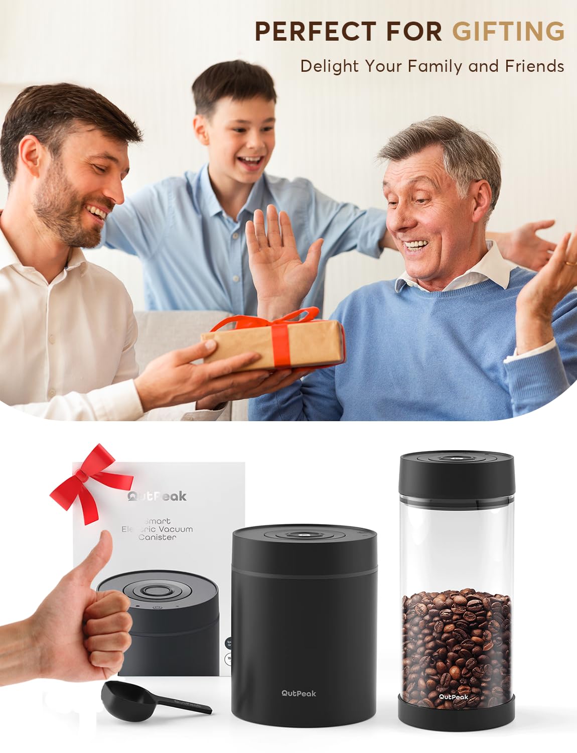 OUTPEAK Neo 2025 Kilo Auto Vacuum Coffee Canister, 1.5L Capacity for 17.6oz of Coffee Beans, One-Button Operation, Stainless Steel Coffee Storage Container for Barista, Gifting (Large, Matte Black)