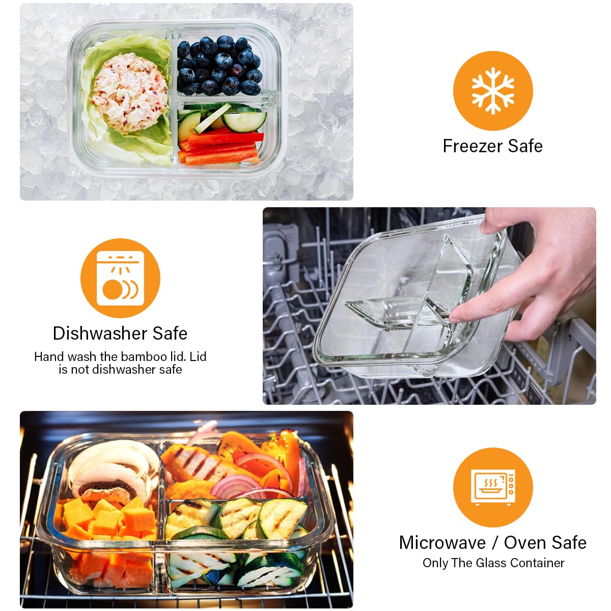 3-Compartment Glass Food Storage Containers with Lids for Lunch Storage, Glass Bento Box Set with Airtight Bamboo Lids - Great Mel Prep Containers for Lunch & Portion Control, 3 Pack, 31.5oz