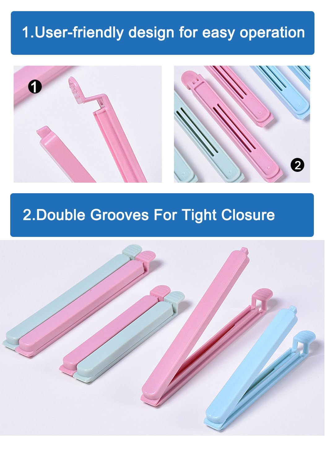 30 Packs Bag Sealing Clips, Snack Bag Plastic Sealing Clip, Resealable & Washable Chip Clips(6.3 in, 4.7 in)