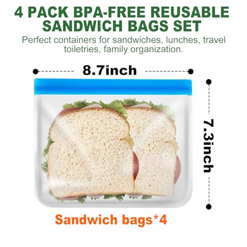AURUZA Reusable Sandwich Bags Ziplock, Reusable Ziplock Silicone Bags Reusable Food Storage Bags, Zip Lock Freezer Bag Home Fridge Kitchen Organization Storage Lunch Meal Prep Sandwich Containers Set