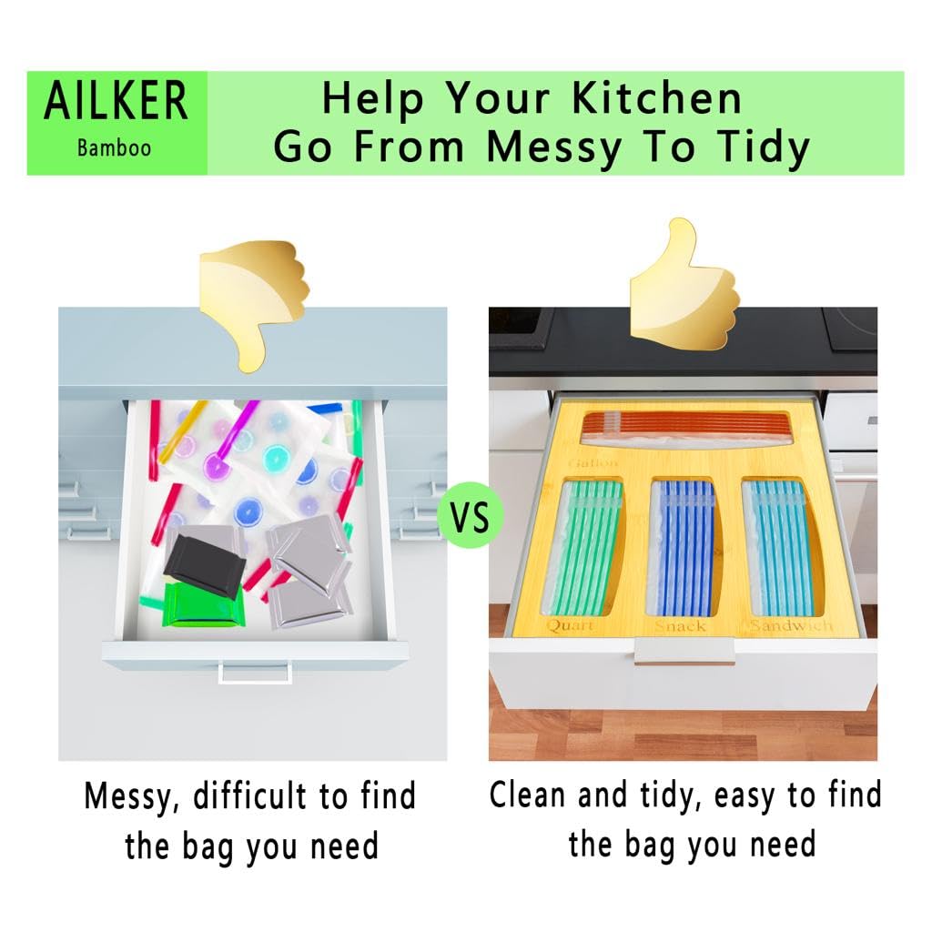 Ziplock Bag Storage Organizer for Kitchen Drawer, Food Storage Bags Organizer Baggie Organizer Holders Dispenser for Kitchen Drawer, Suitable for Gallon, Quart, Sandwich & Snack Bags