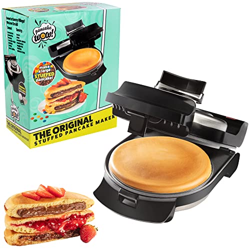 Stuffed Pancake Maker- Make a GIANT Stuffed Waffle or Pan Cake in Minutes- Add Fillings for Delicious Breakfast or Dessert Treat, Electric, Nonstick w Silicone Batter Funnel - Fun Holiday Kitchen Gift